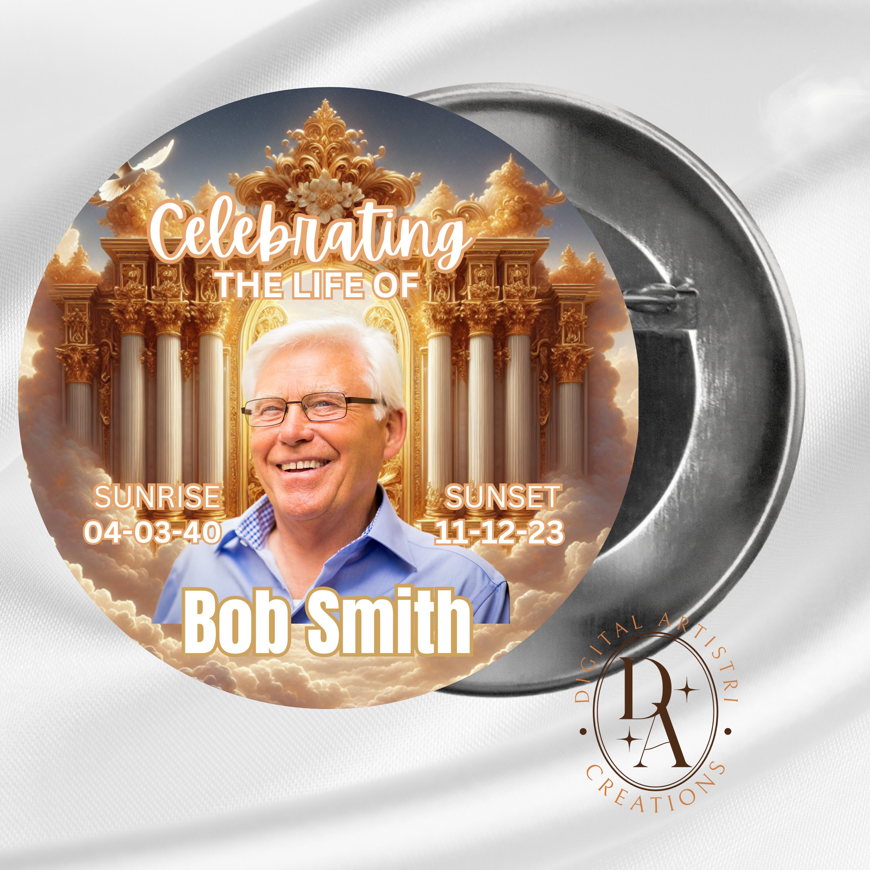 Gold Heaven Gates in Loving Memory Template Memorial Button Pin ...