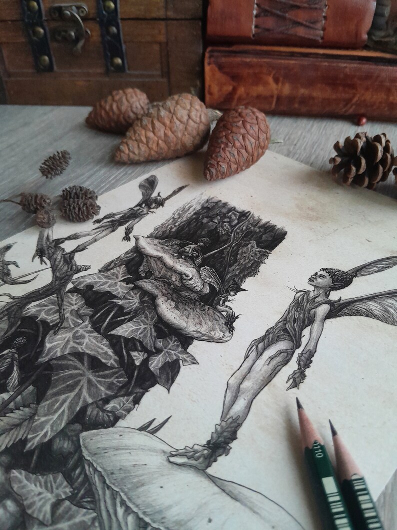 Wood Fairies Pencil & Ink Art Print (18.5x26cm) High Quality Print - Etsy