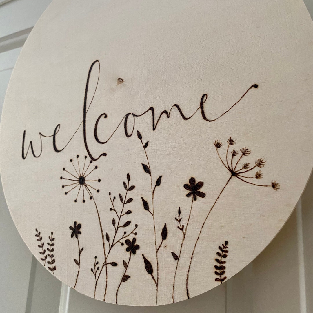 Flowery Welcome - Hand-burned Wood Sign - Etsy
