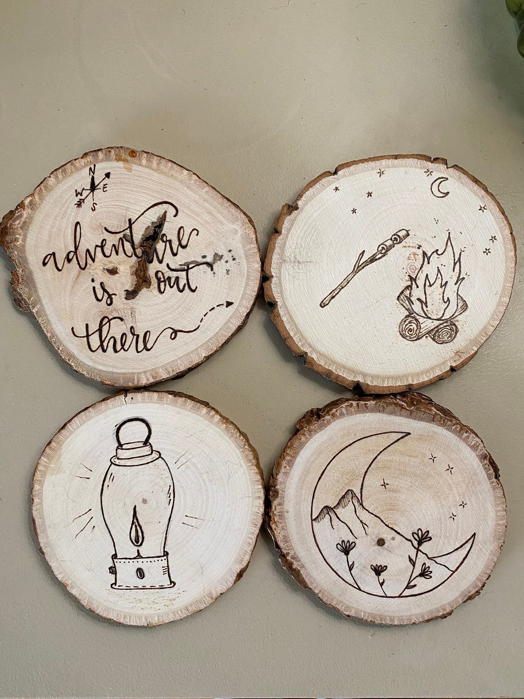 Camping Coasters variety Set of 4 Wood Burned by Hand, Bar Cart ...