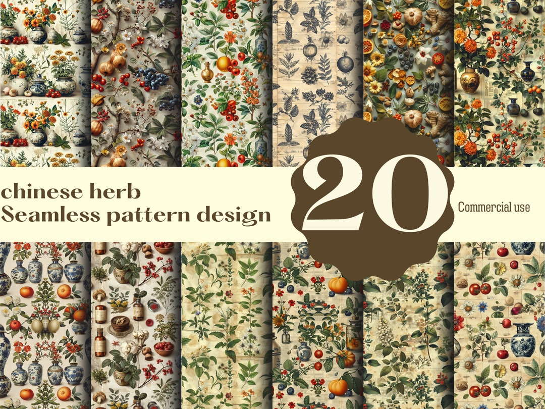 Vintage Chinese Herb Seamless Pattern - Botanical Herbal Design ...