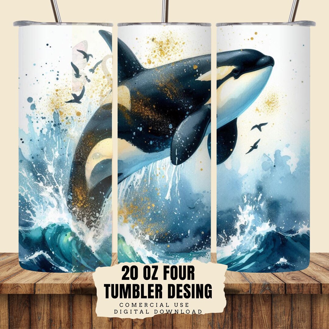 Orca Jumping Watercolor Design - Gold Glitter Tumbler Wrap for 20 Oz ...