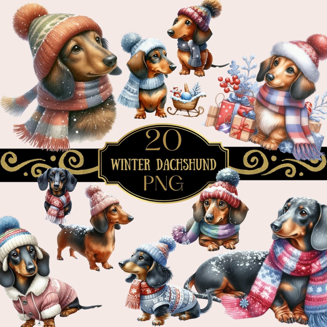 Winter Dachshund Watercolor Clipart PNG - No Background, Snowy Scene ...