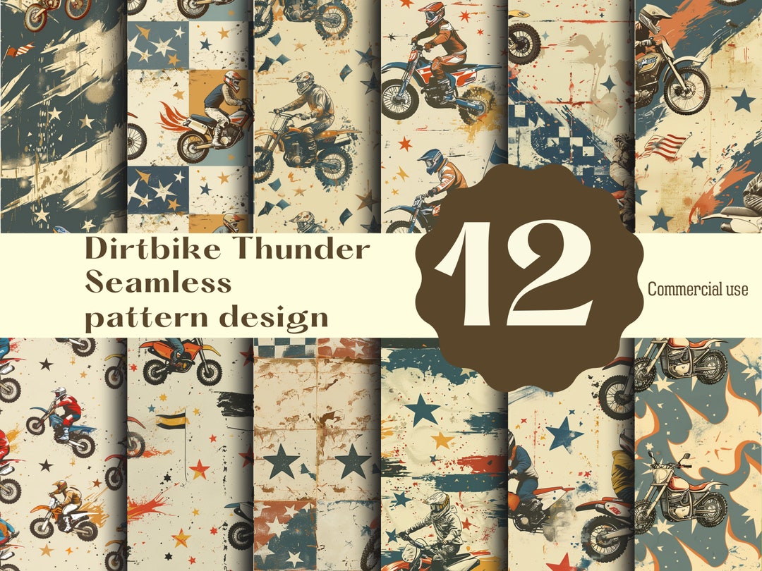 Motocross Dirtbike, Seamless Pattern, Checkered Flags, Lightning Bolts ...