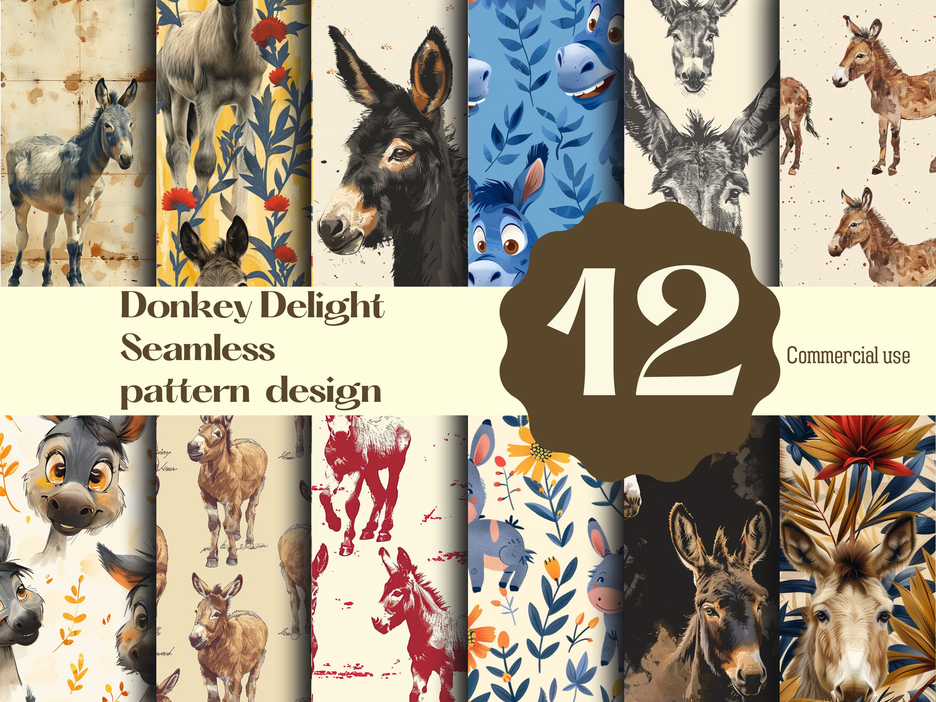 Donkey Delight Seamless Pattern - Whimsical Farm Animal Digital Paper ...