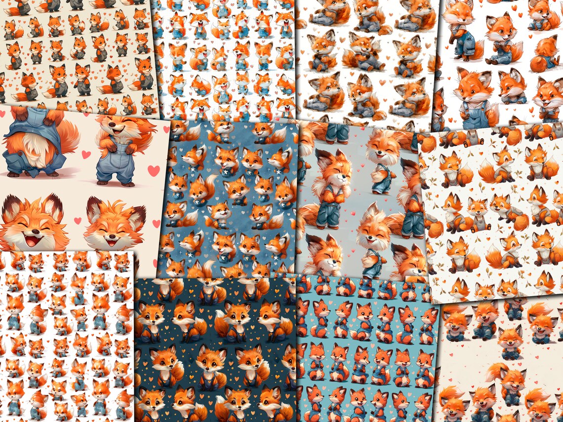 Adorable Chibi Fox Overalls Pattern Commercial Use Printable Paper ...