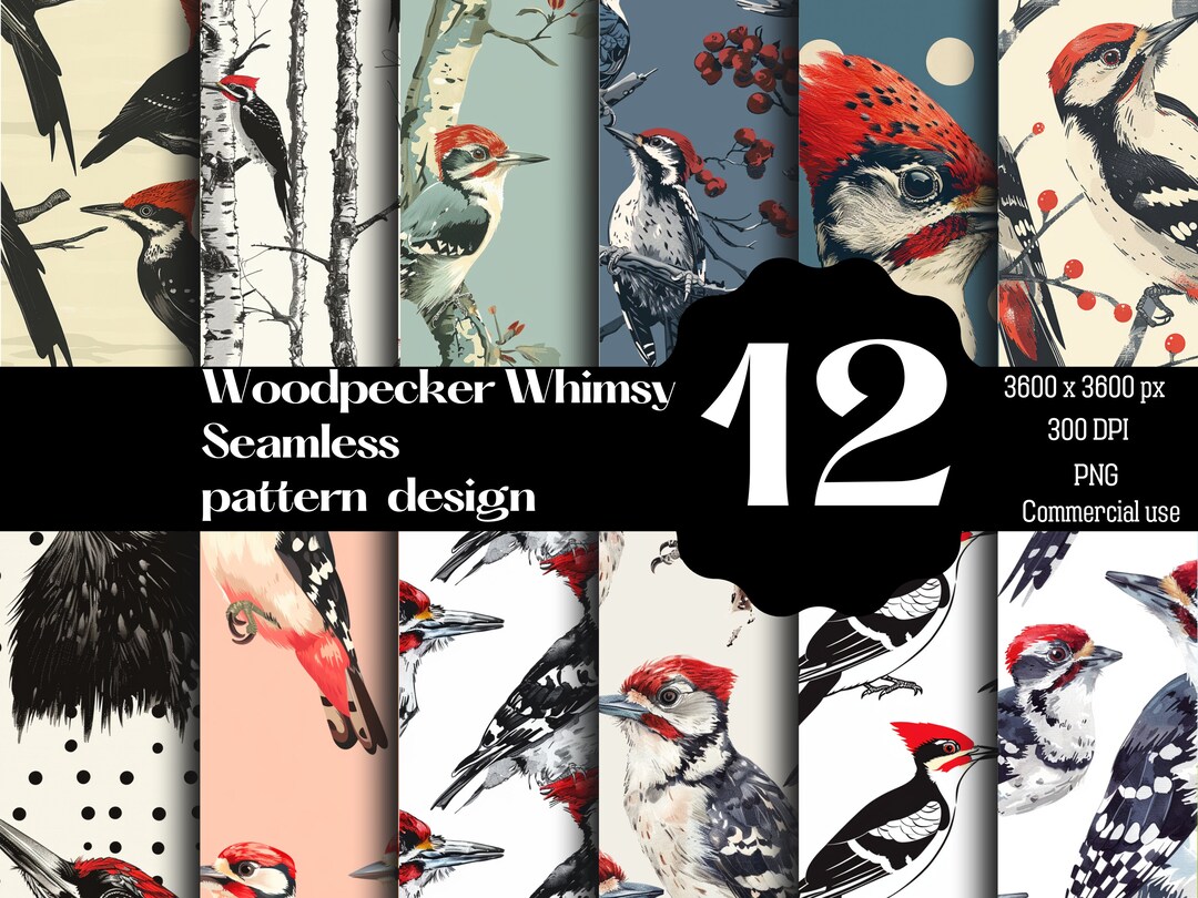 Woodpecker Seamless Pattern - Cozy Bird Digital Paper for Fabrics ...