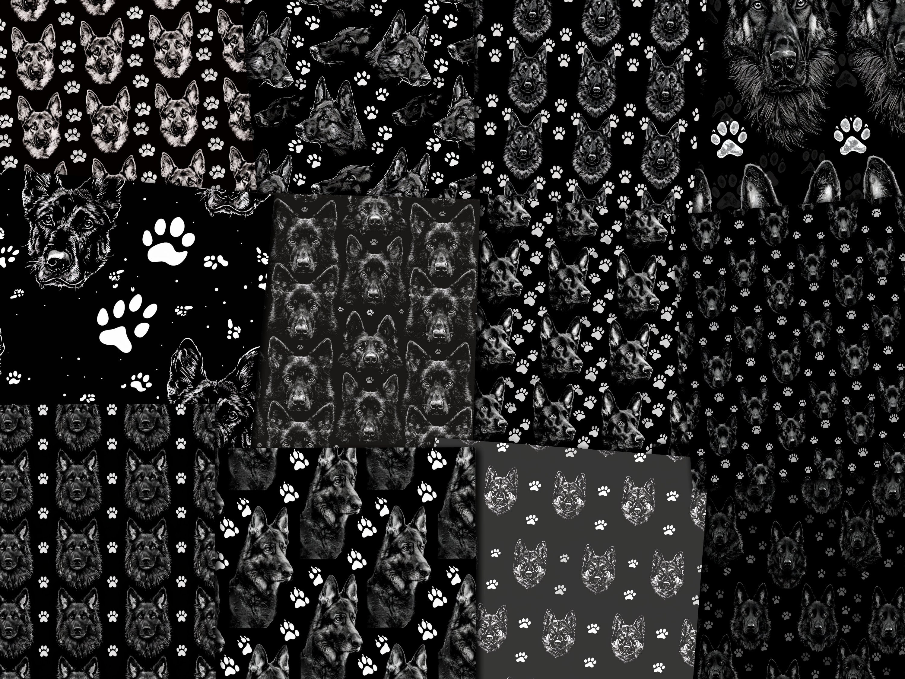 Monochrome German Shepherd Seamless Pattern - Detailed Fur Textures ...