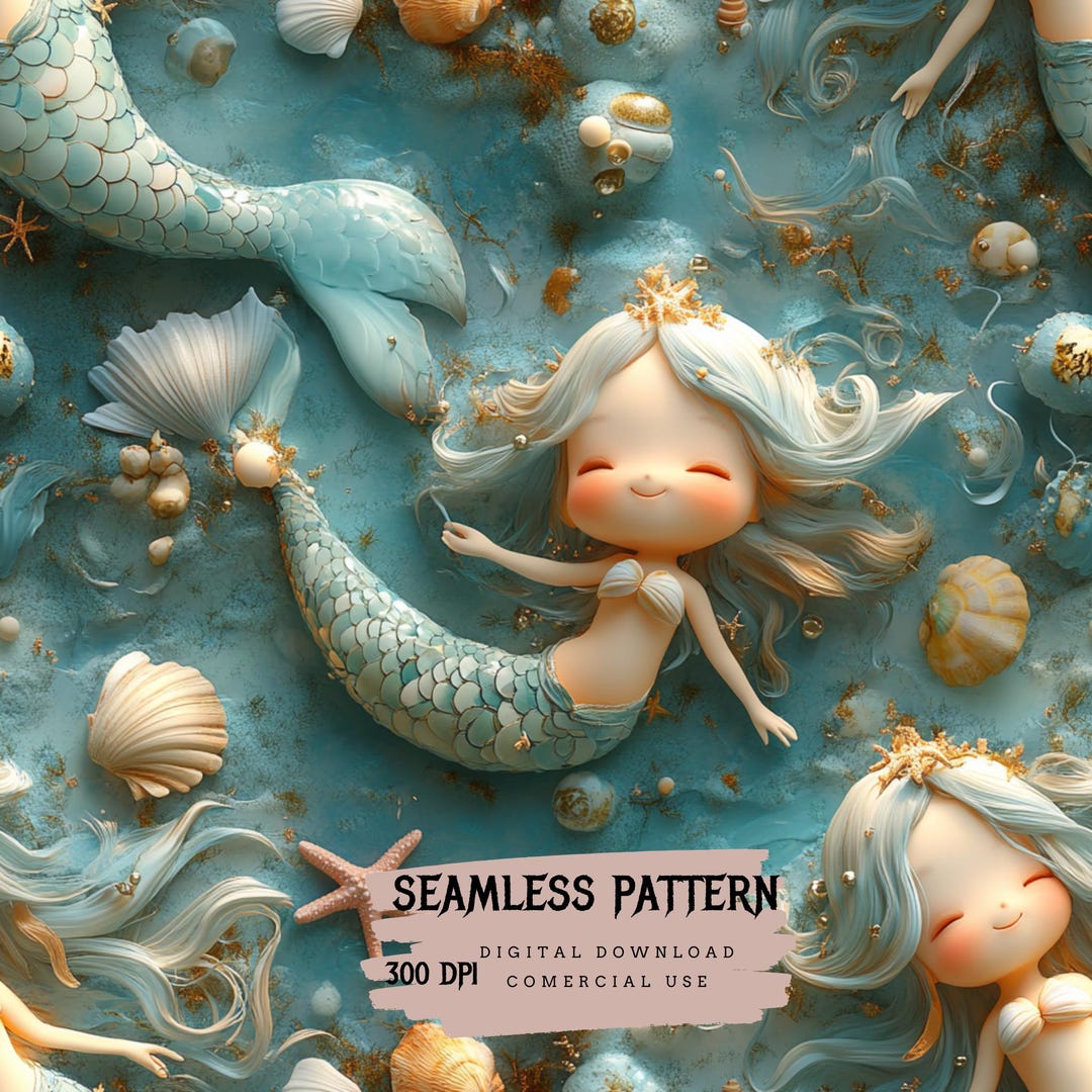 Enchanted Mermaid Seamless Pattern - 3D Tails, Coral Reefs, Pastel ...