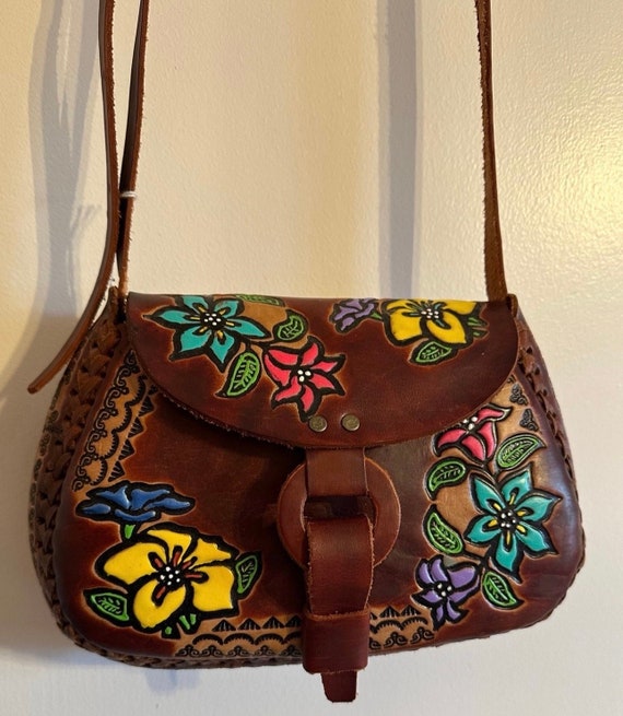 Mexican Leather Hand Tooled Brown Purse with Colorful… - Gem