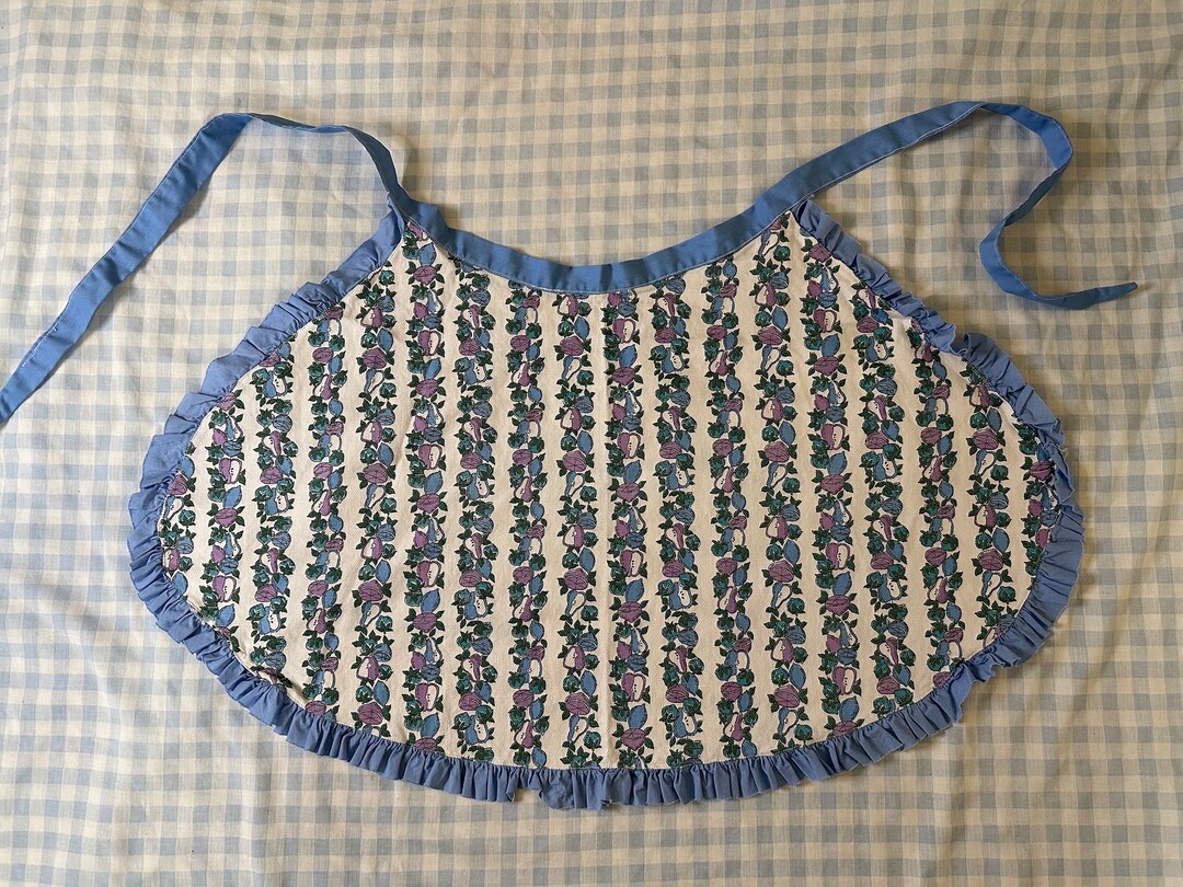 Vintage Fruit Pattern Apron in Blue and Purple With Blue Ruffle Trim - Etsy