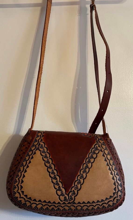 Mexican Leather Hand Tooled Brown Purse with Colorful… - Gem