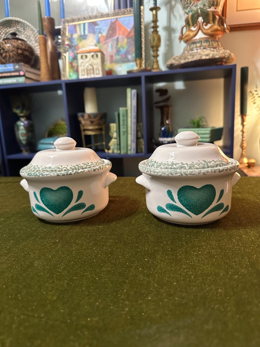 Set of Two Vintage Lidded Ceramic Soup Crocks White and Teal With Heart ...
