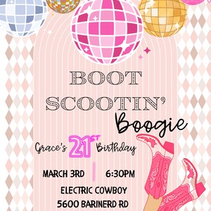 Boot Scootin' Boogie 21st Birthday Invitation,disco Cowgirl Invitation ...