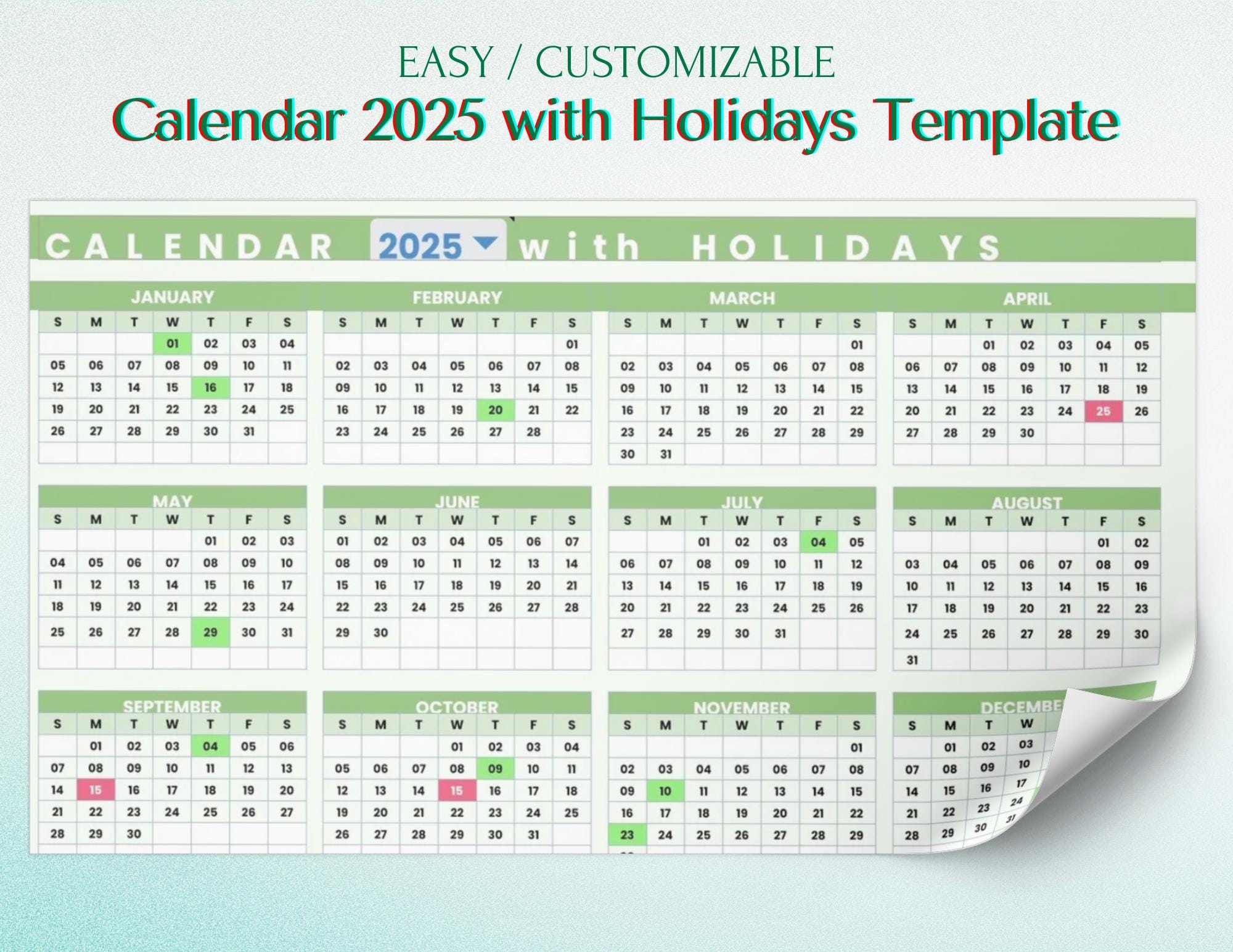2025 Calendar With US Holidays | Editable Digital Download ...