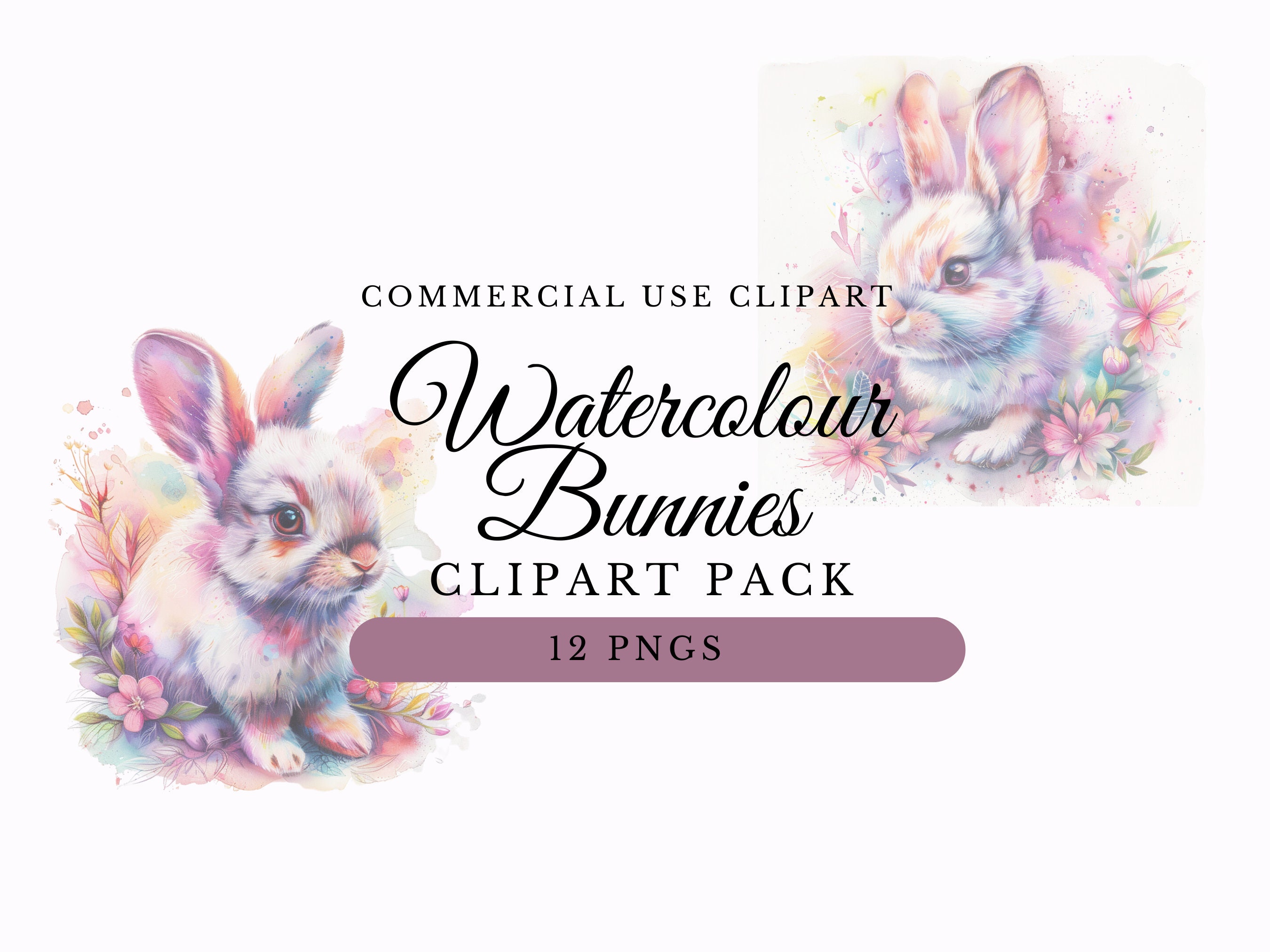 Watercolour Bunny Clipart Pack, Clipart for Commercial Use, Transparent ...