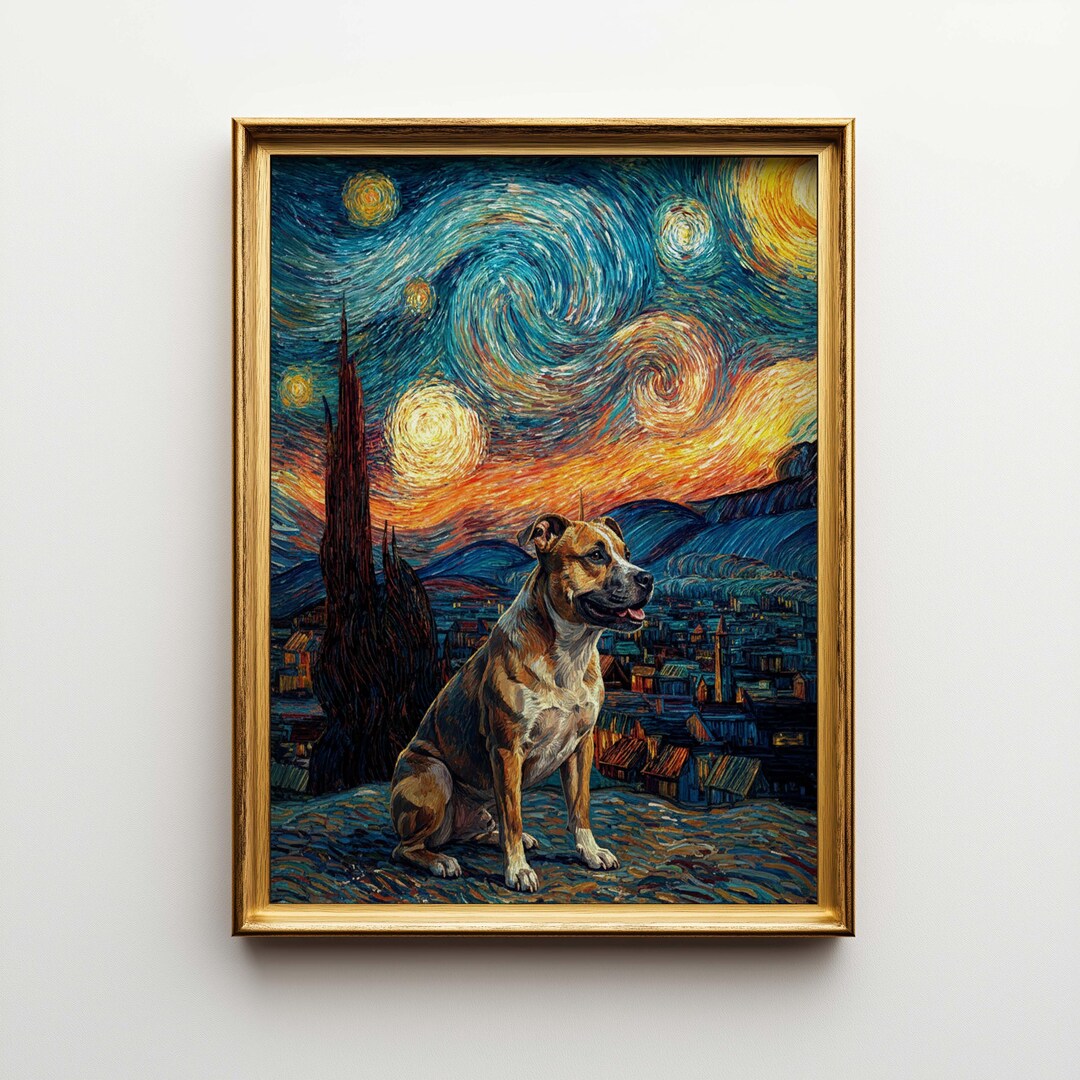 American Staffordshire Terrier Starry Night Canvas Art - Dog Van Gogh ...