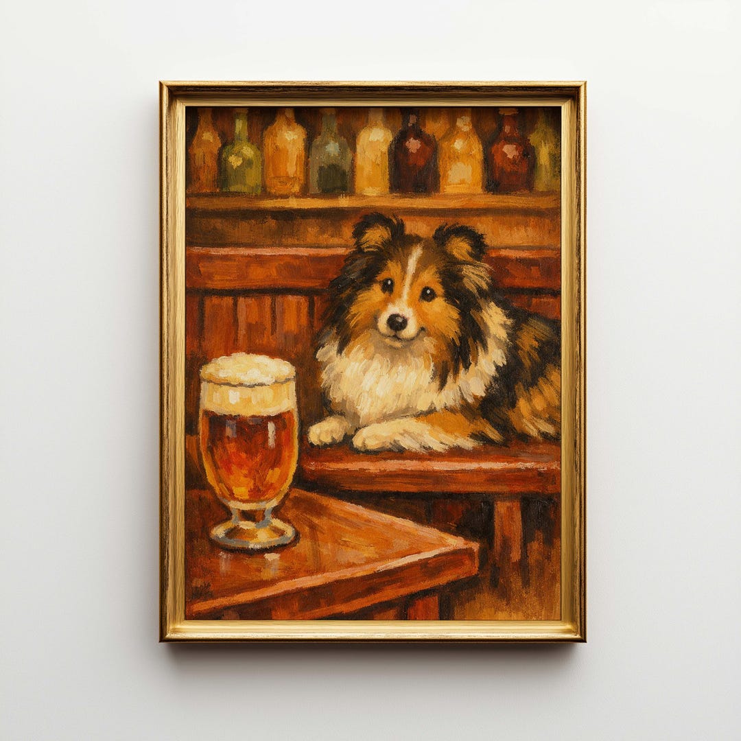 Sheltie Dog & Beer Naive Folk Art Framed Canvas - Large Shetland ...