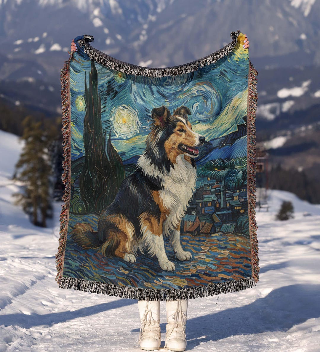 Shetland Sheepdog Starry Night Art - Van Gogh Inspired Woven Blanket ...
