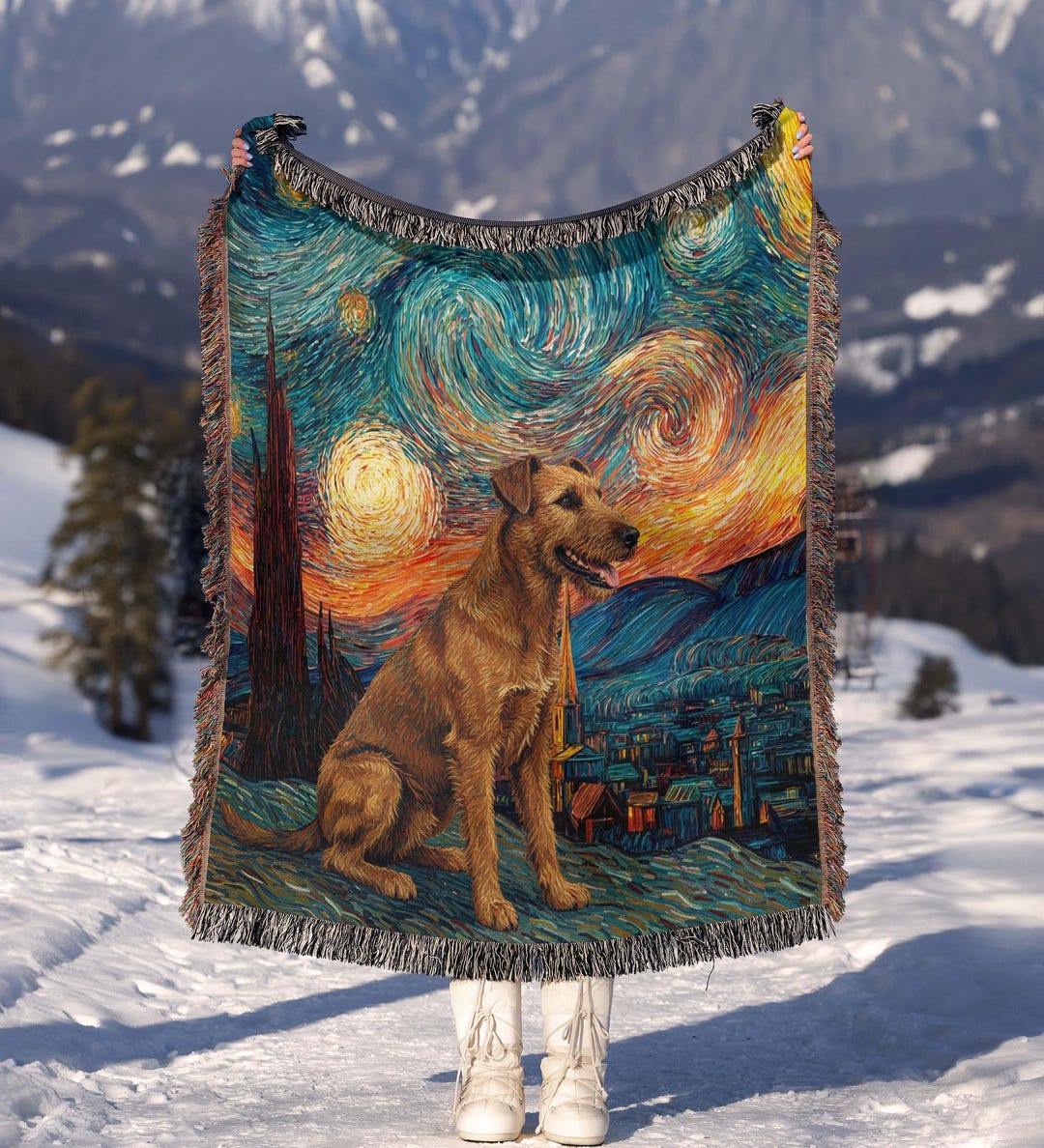 Irish Terrier Starry Night Art - Van Gogh Inspired Woven Blanket ...