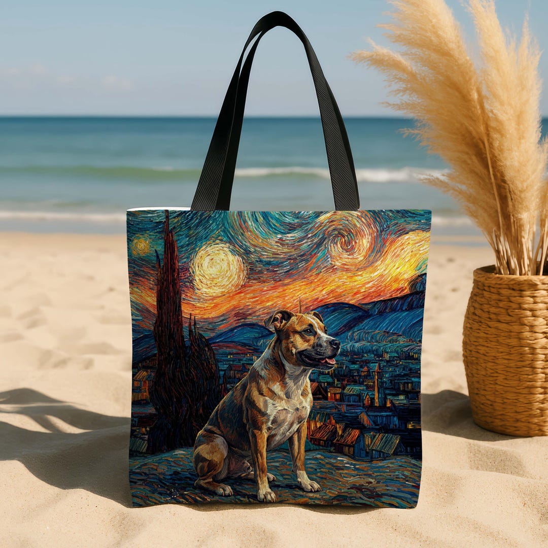 American Staffordshire Terrier Starry Night Tote Bag Art - Dog Van Gogh ...