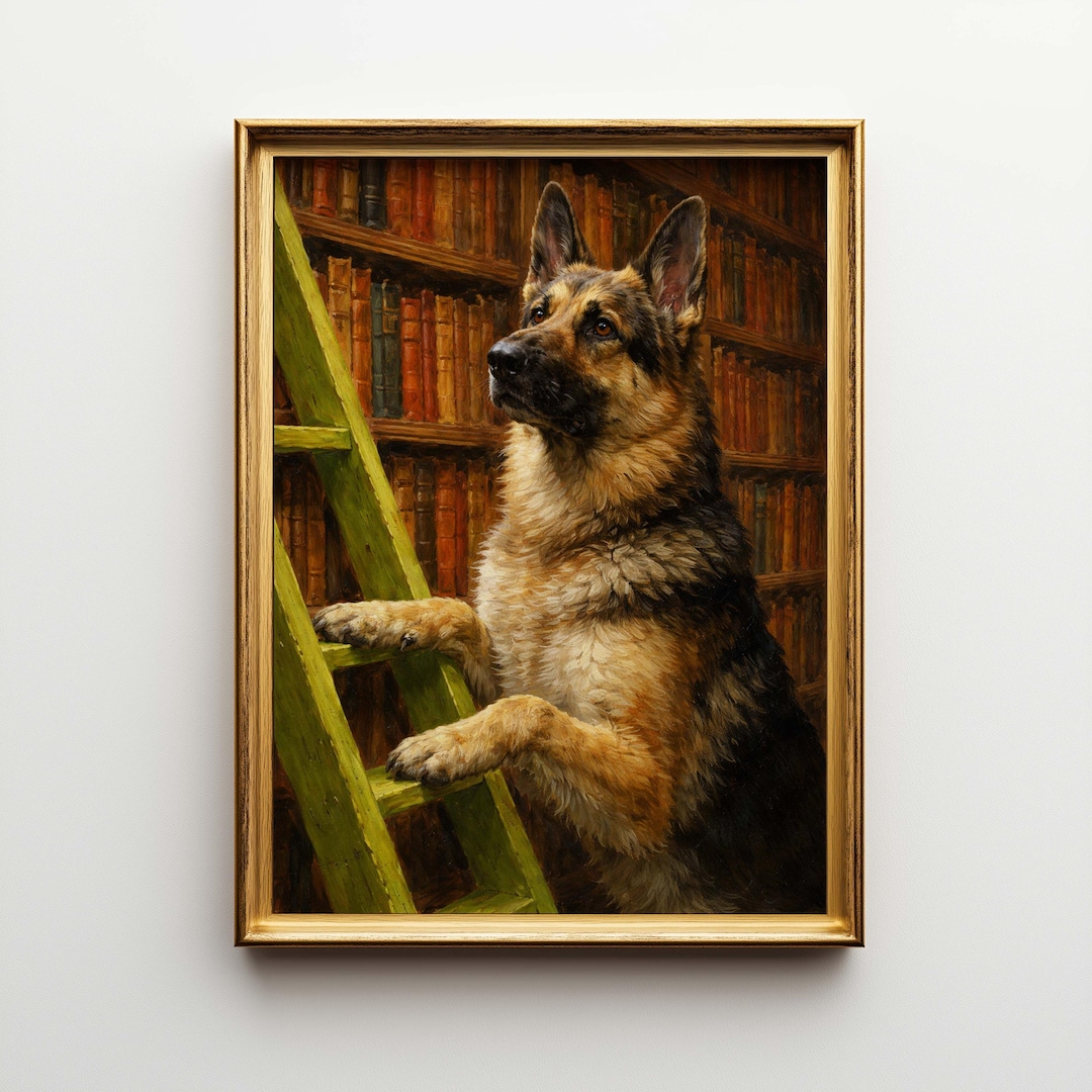 German Shepherd Library Oil Painting, Large Framed Canvas Wall Art, Dog ...