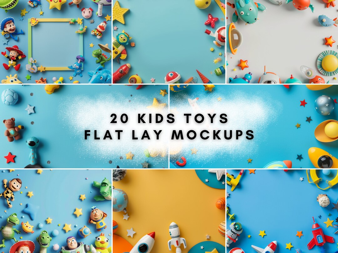 20 Kids Toys Characters Flat Lay Mockup Bundle | Digital Background ...