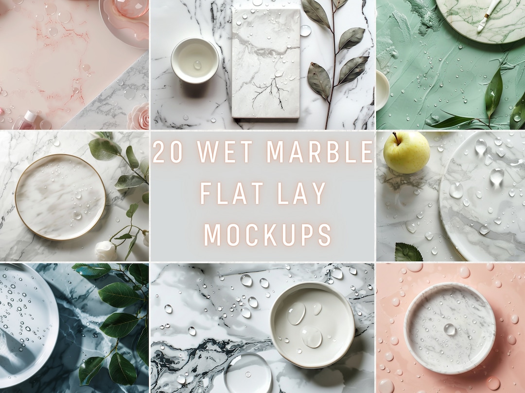 20 Wet Marble Raindrops Style Table Flat Lay Mockup Bundle | Digital ...