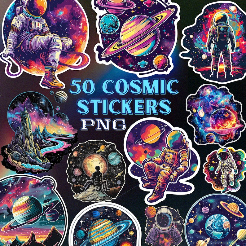 Cosmic Stickers PNG: Galaxy, Planets, Astronaut Illustrations (digital ...
