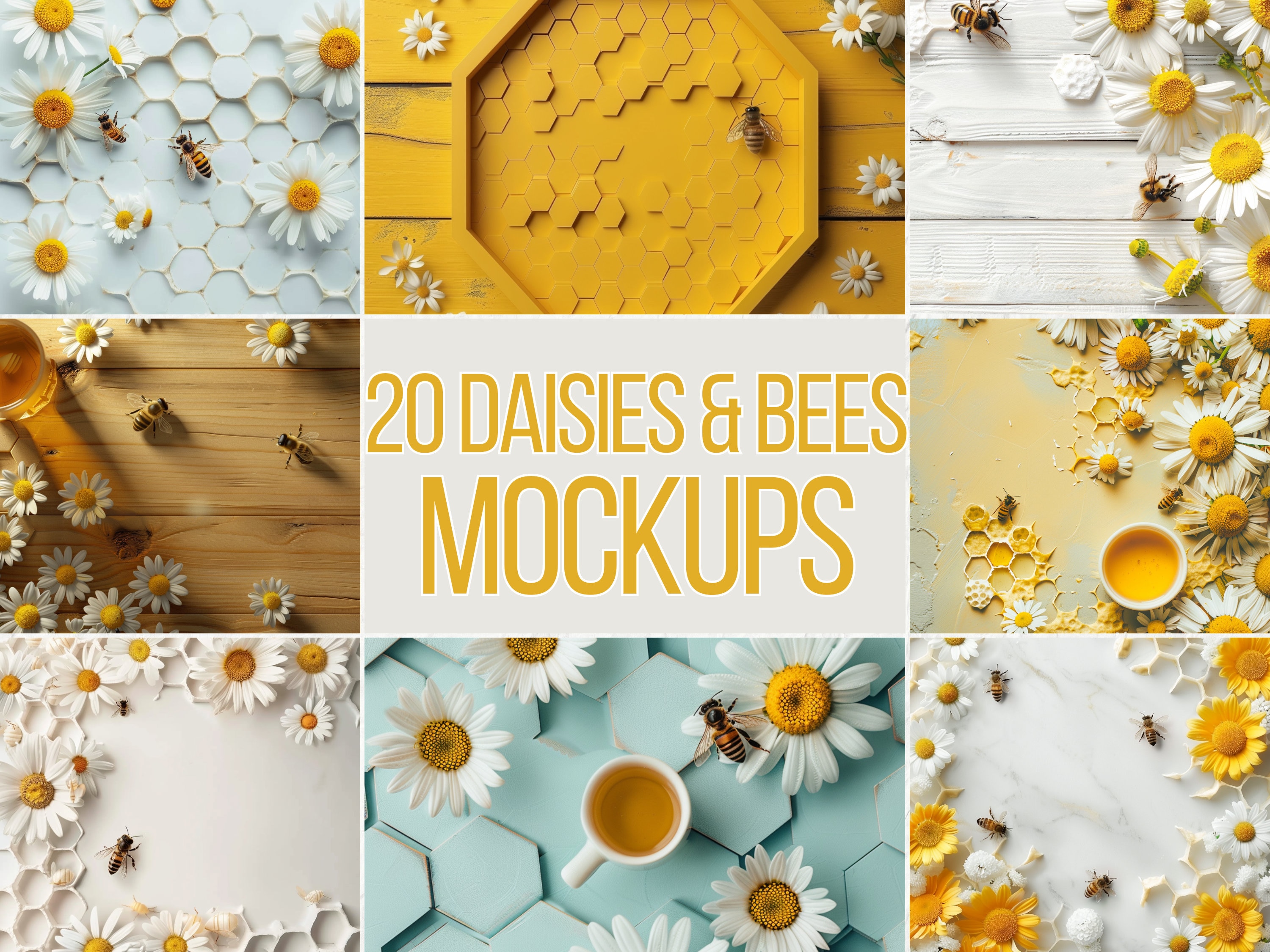 20 Daisies and Bees Flat Lay Mockup Bundle | Digital Background Mock up ...