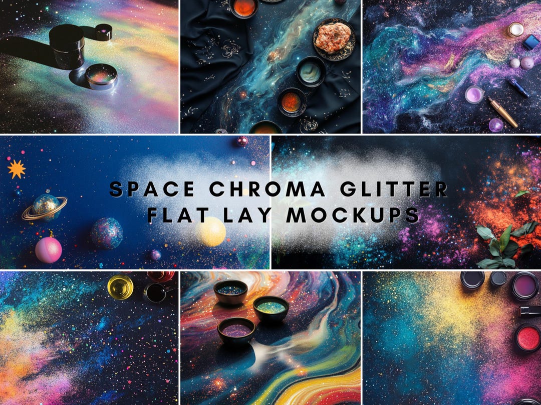 25 Space Chroma Glitter Flat Lay Mockup Bundle | Digital Background ...