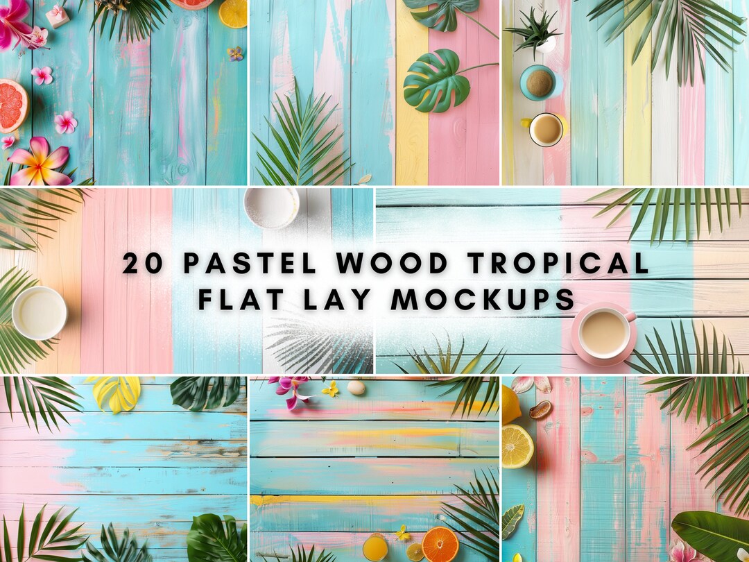 20 Tropical Pastel Wood Flat Lay Mockup Bundle | Digital Background ...