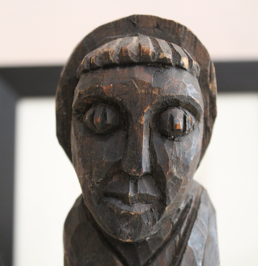 Vintage Monk Sculpture Carved Wood - Saint Statue Religious Spiritual ...
