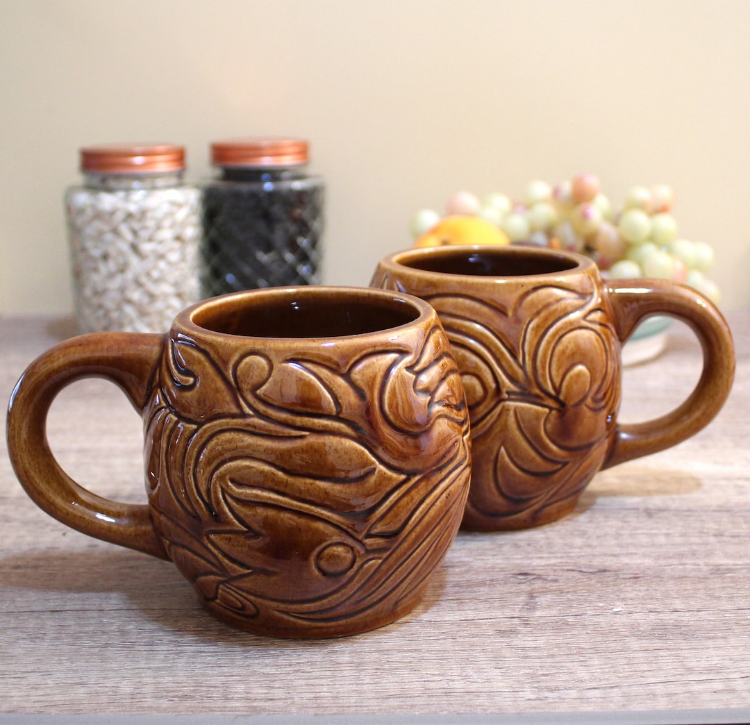 2 Vintage Large Coffee Mugs - Brown Ceramic Coffee or Tea Cups - Floral ...