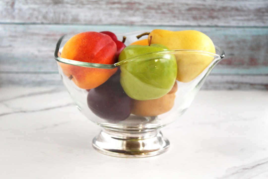 Vintage Glass And Silver Bowl Large Glass Dish With Silver Plated Pedestal Base Footed Fruit