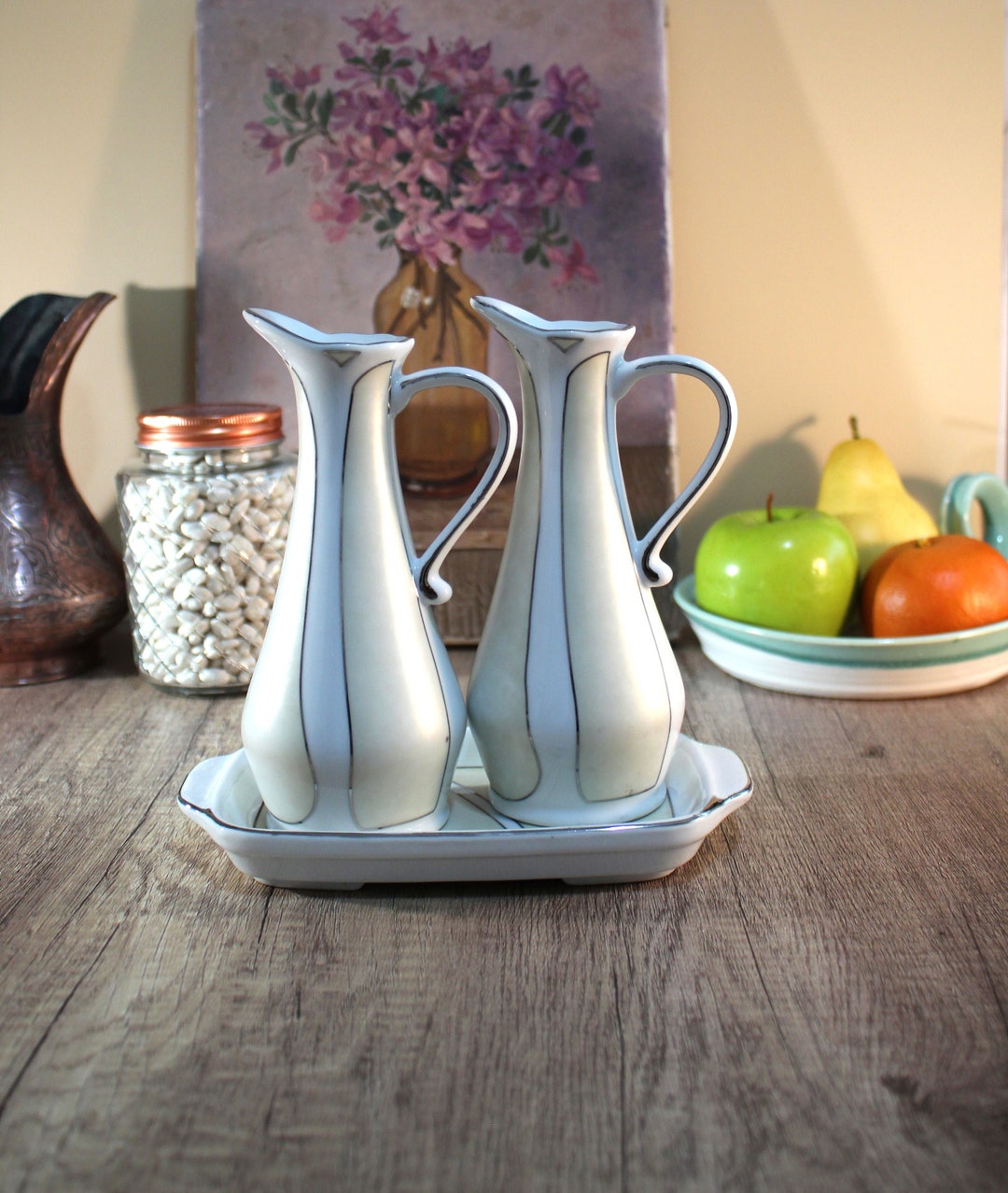 Vintage Oil & Vinegar Cruet Set - White, Ivory and Silver Ceramic ...