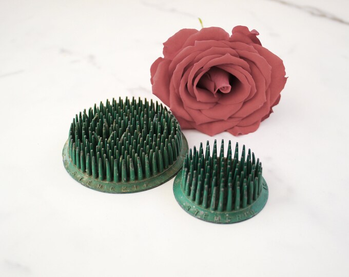 2 Vintage Flower Frogs - Green Metal - Pin Stem Holders - Ikebana ...
