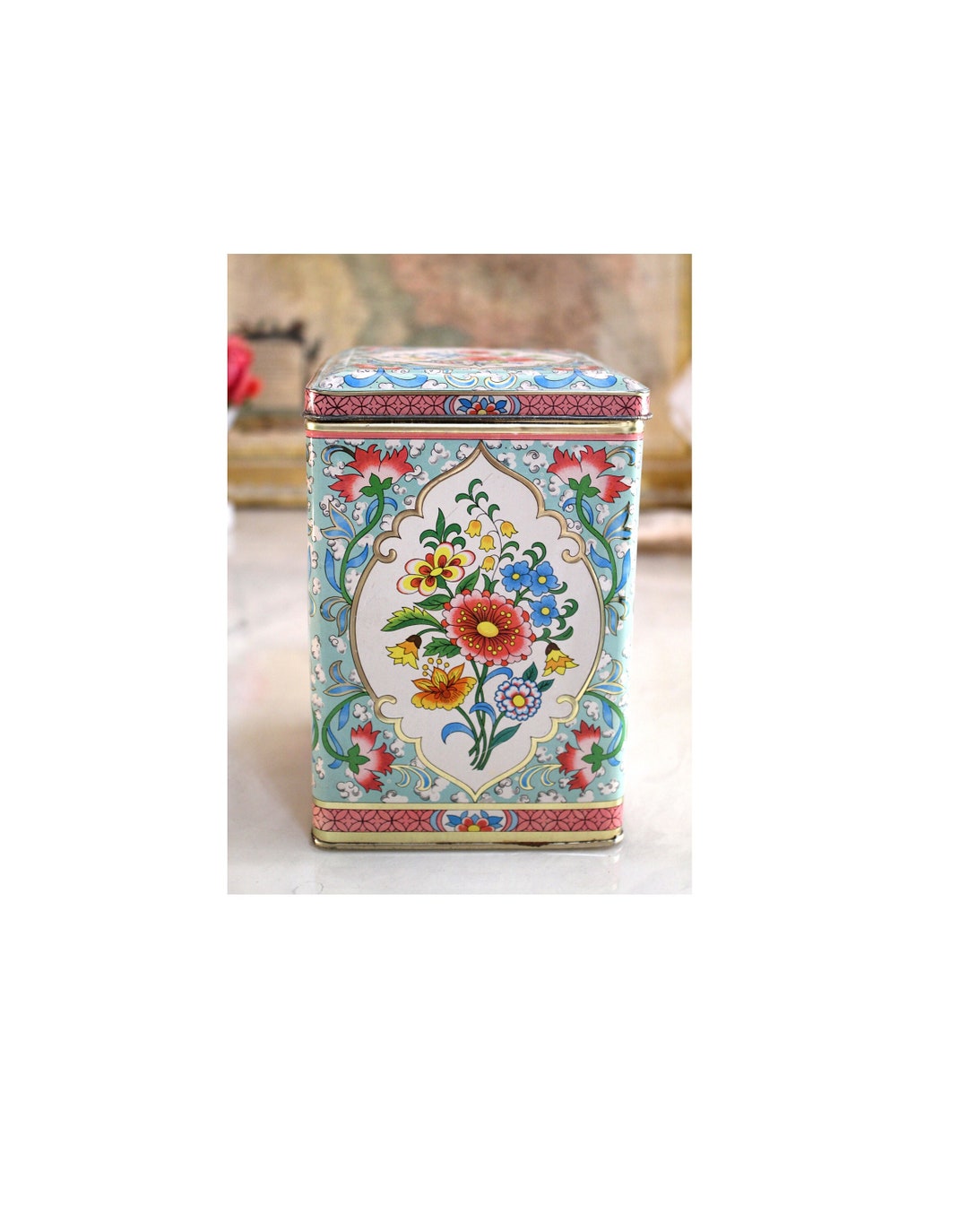 Vintage Tea Tin Bright Pink & Blue Floral Storage Box Metal Tea Tin ...