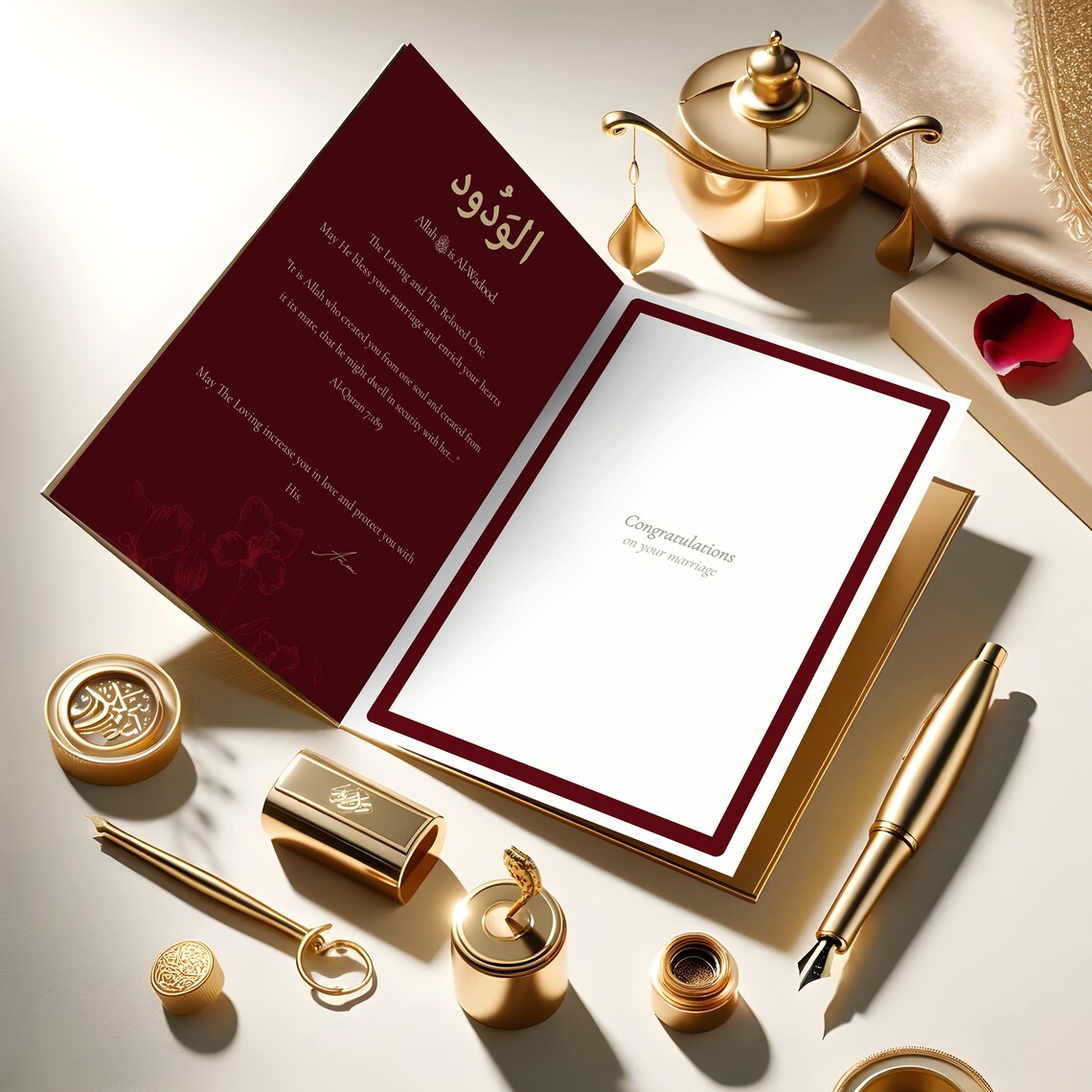 Islamic Marriage Nikkah Greeting Card, Elegant Maroon Personalized ...