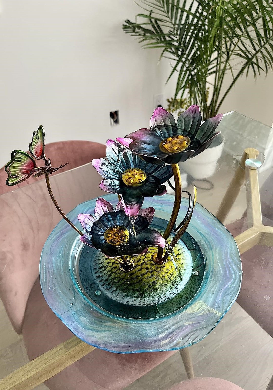 12 Tall Indoor Iridescent Glass Butterfly Fountain Sculpture Zen Water ...