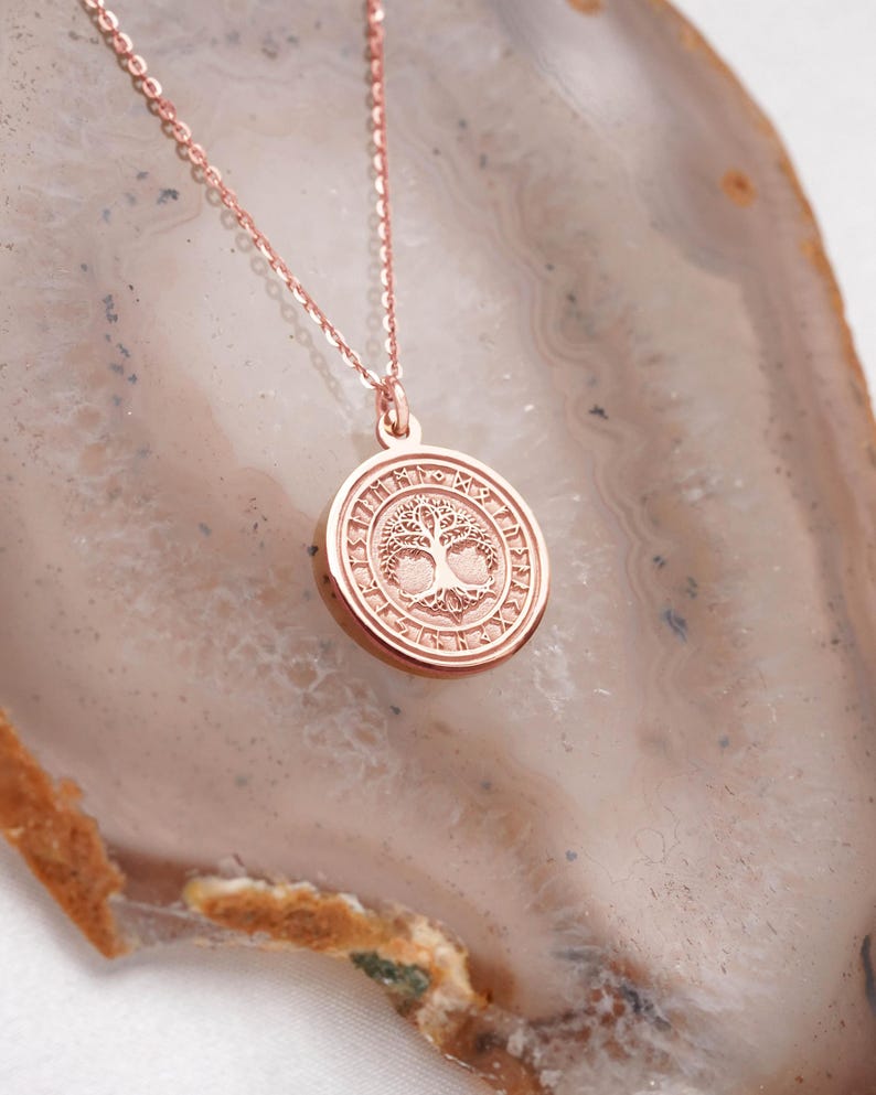 14k Solid Gold Yggdrasil Tree of Life Necklace, Norse Rune Pendant ...