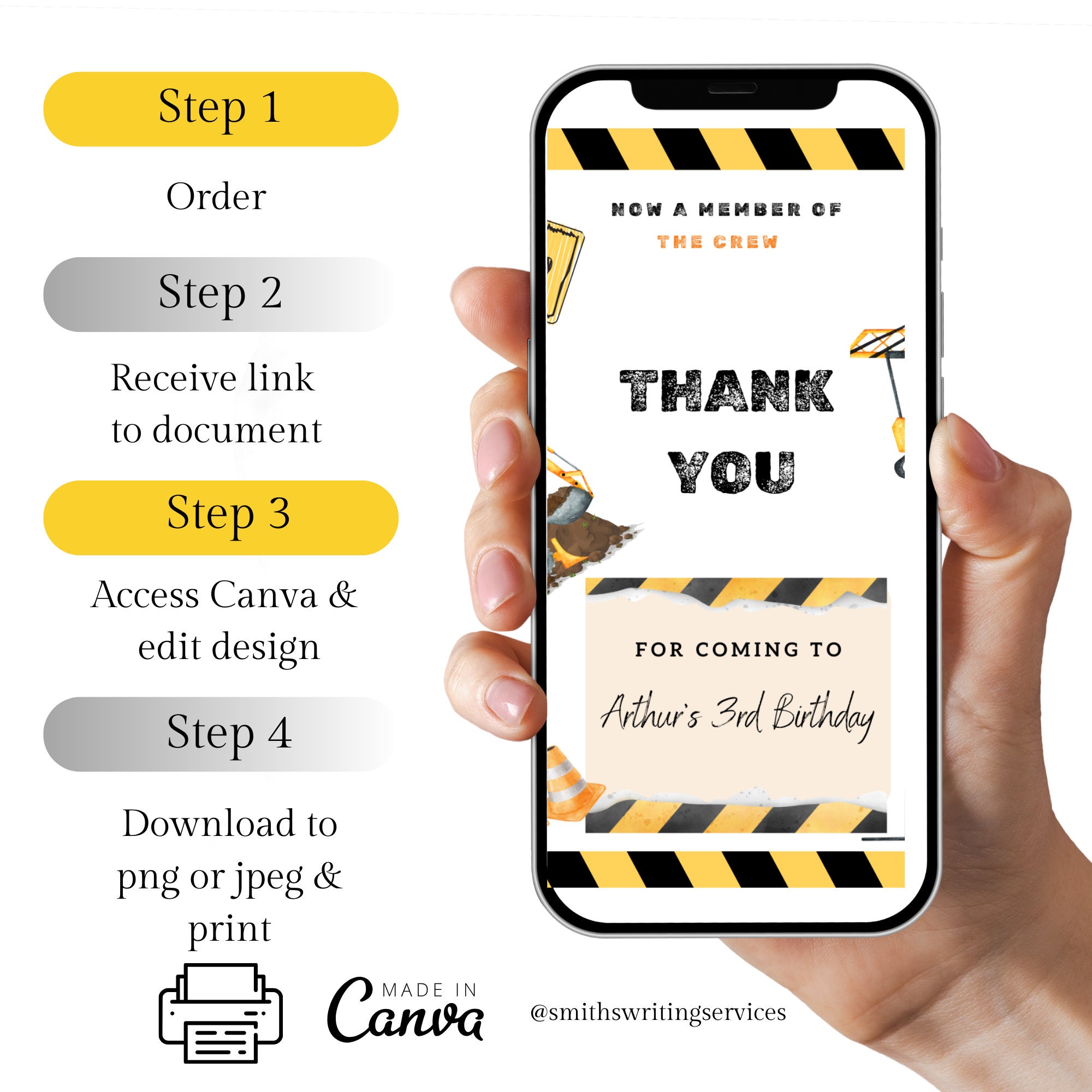 EDITABLE Boys Construction Digger Birthday Themed Digital Party Thank ...