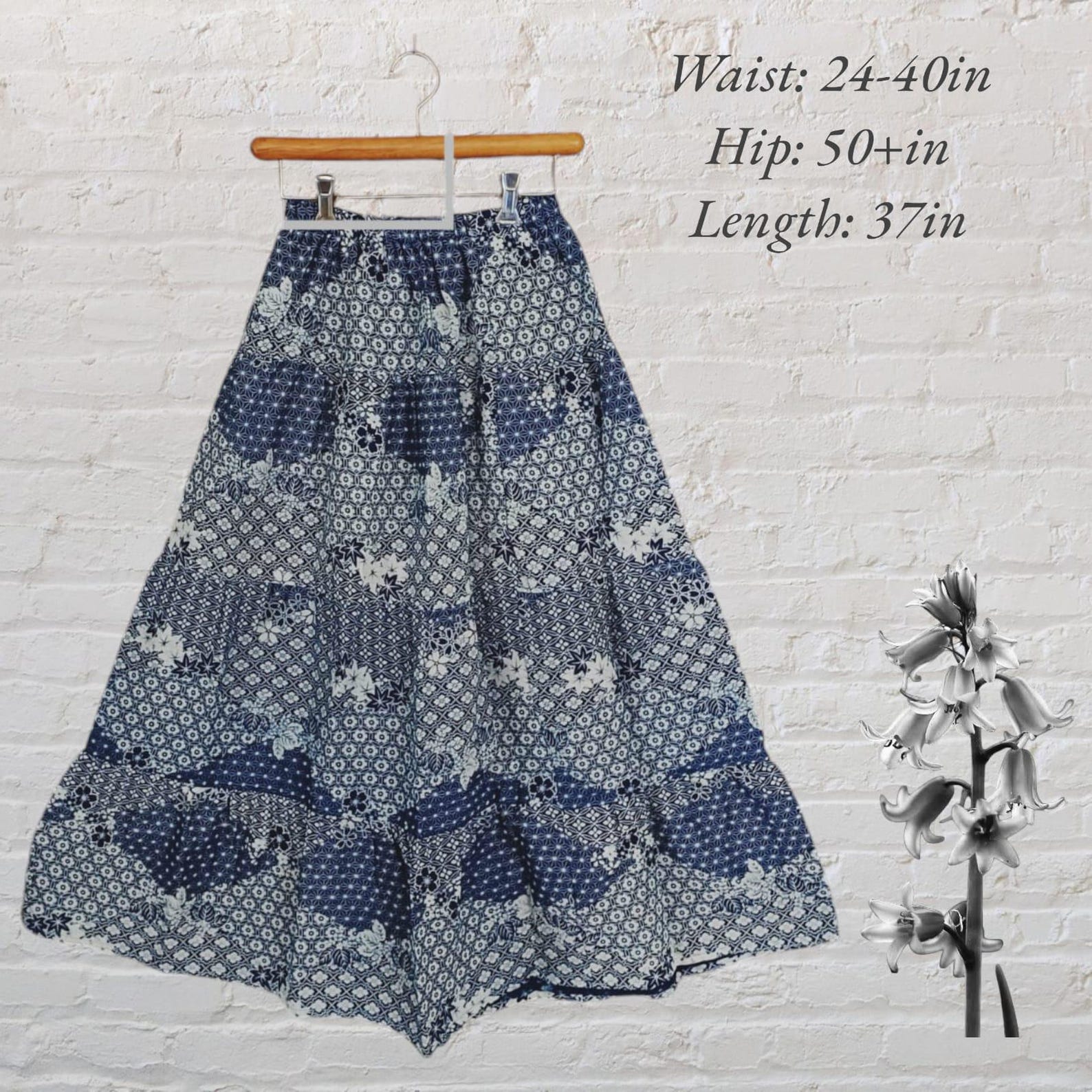 Indigo Dyed Elastic Waist Cotton Long Boho Skirt / Summer Women Girl ...