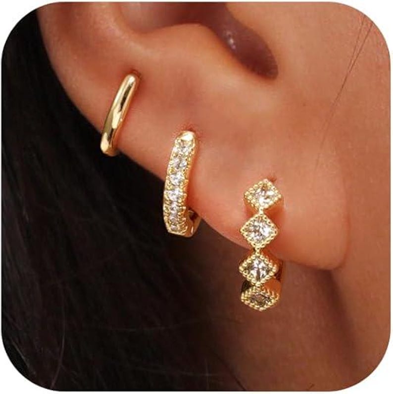 Gold Hoop and Huggie Earrings Set: Dainty Cubic Zirconia, 14k Plated - Etsy