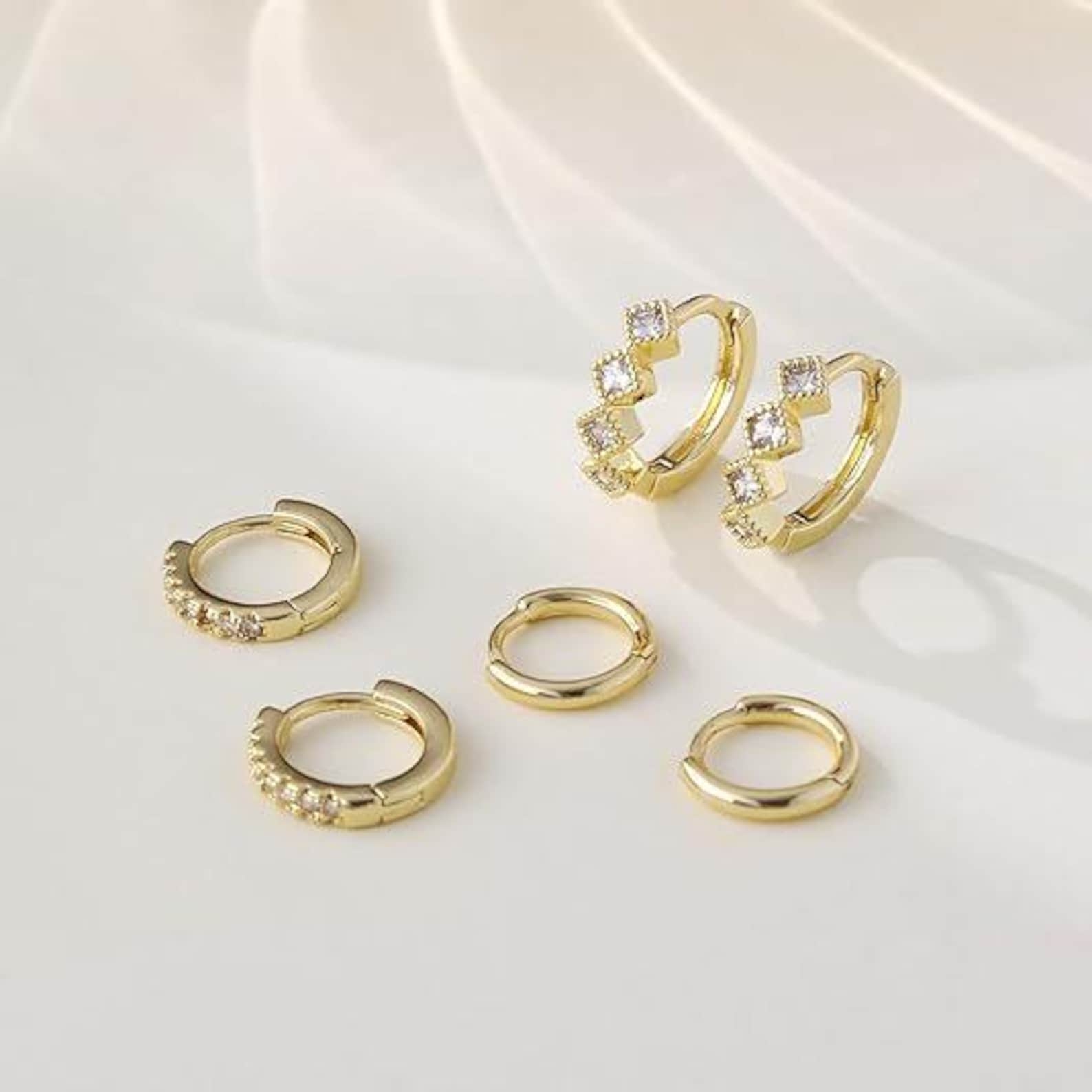 Gold Hoop and Huggie Earrings Set: Dainty Cubic Zirconia, 14k Plated - Etsy