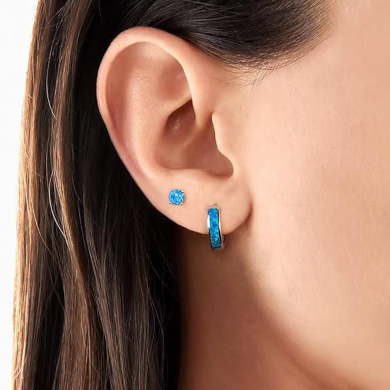 Opal Inlay Huggie Hoop Earrings Set: Dainty Silver Earrings - Etsy