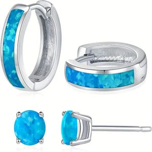 Opal Inlay Huggie Hoop Earrings Set: Dainty Silver Earrings - Etsy