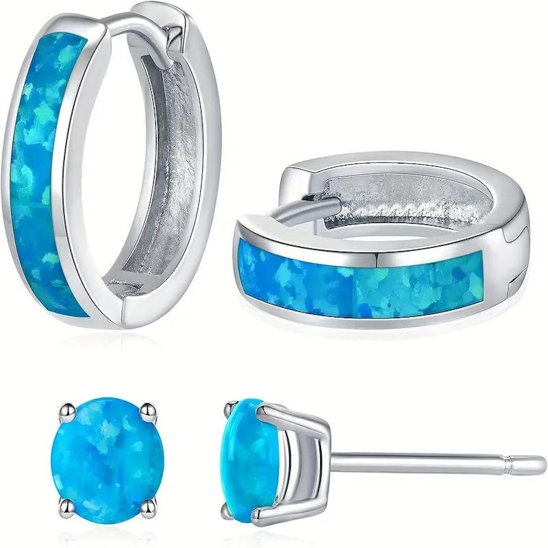 Opal Inlay Huggie Hoop Earrings Set: Dainty Silver Earrings - Etsy