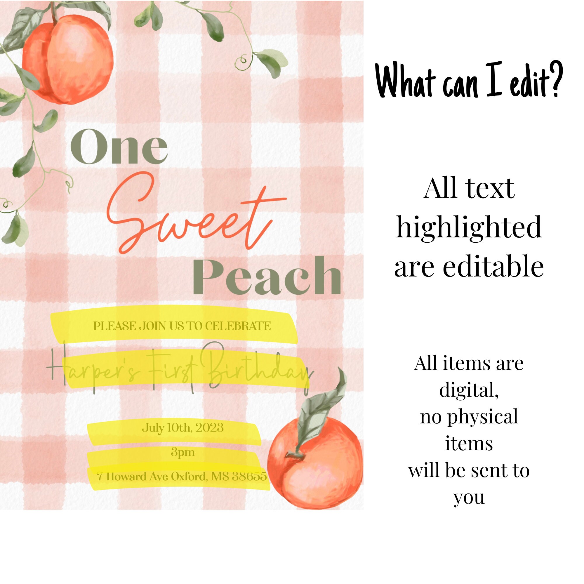 One Sweet Peach Invitation One Year Old Peach Birthday One Sweet Peach ...