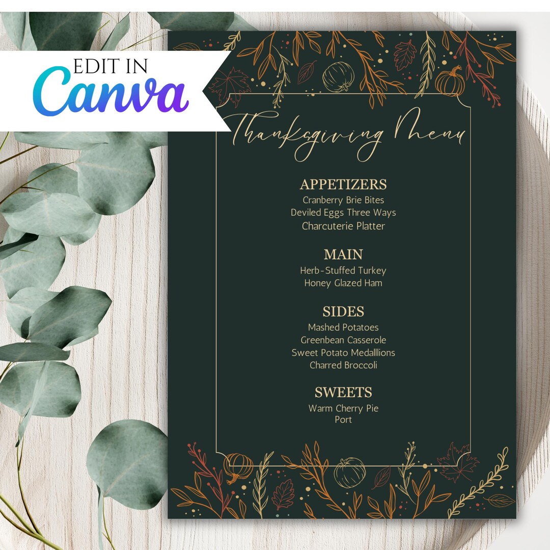 Editabledark Theme Thanksgiving Menu Template DIY Customize on Canva ...